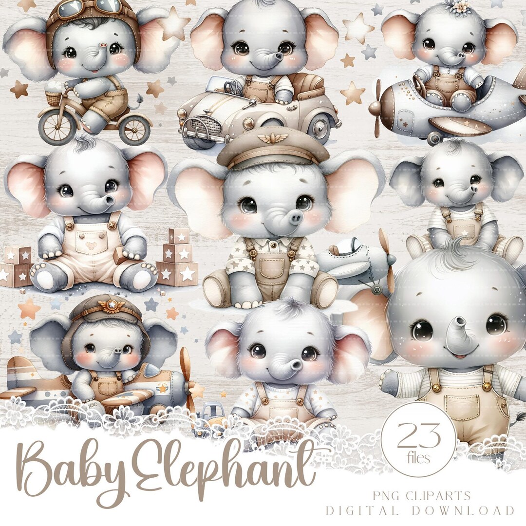 Baby Elephants Clipart Set for Cardmaking and Sublimations, 23 PNG With ...
