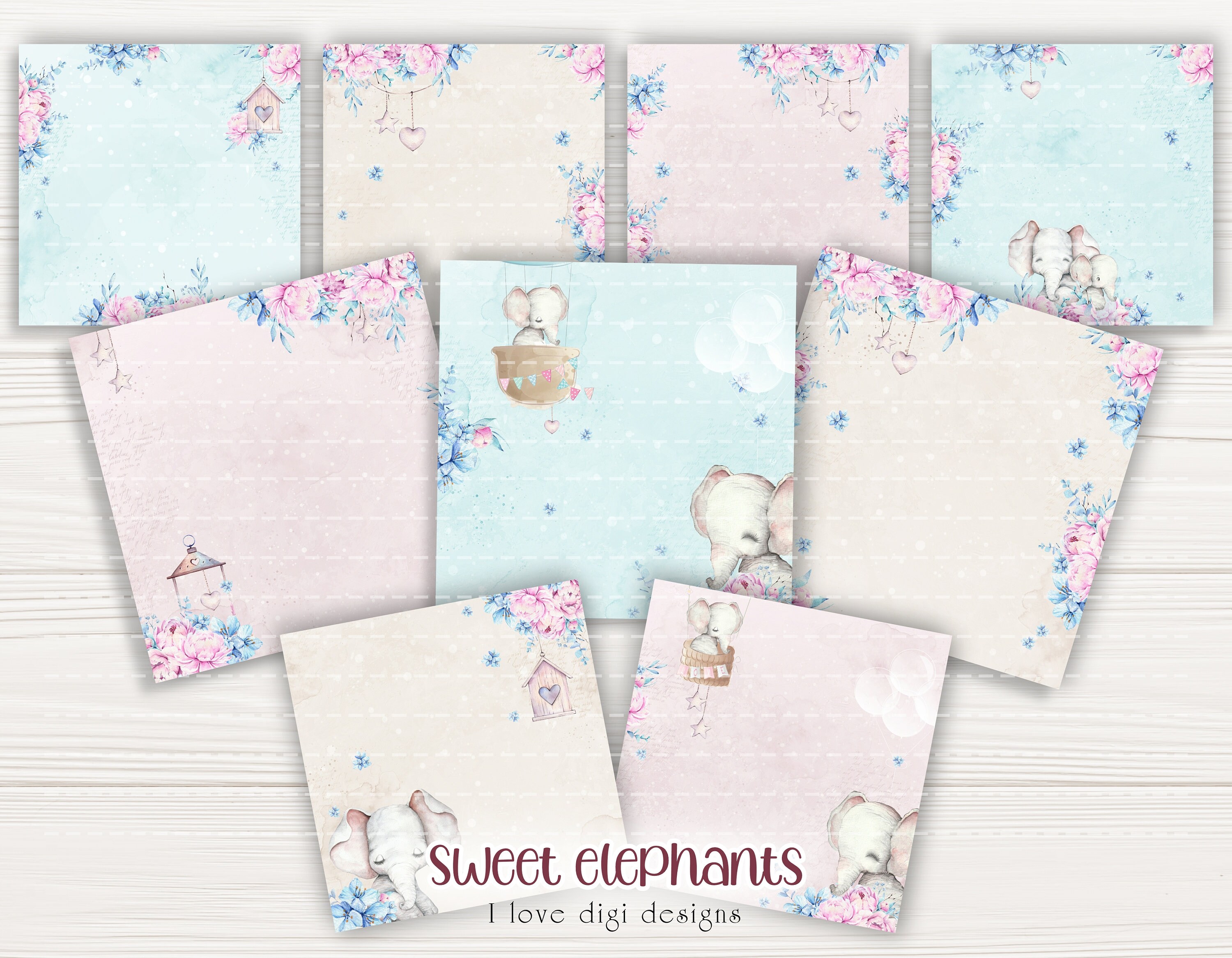 Little Elephants and Hand-painted Peonies Digital Papers, Pastel ...