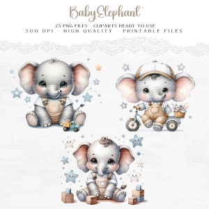 Baby Elephants Clipart Set for Cardmaking and Sublimations, 23 PNG With ...