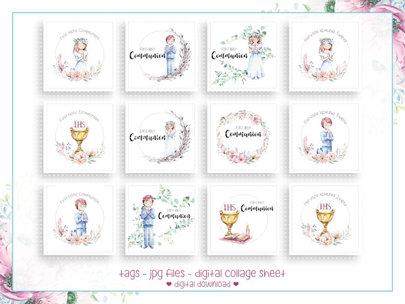 IHS, Printable First Holy Communion Tags, Watercolor First Communion ...