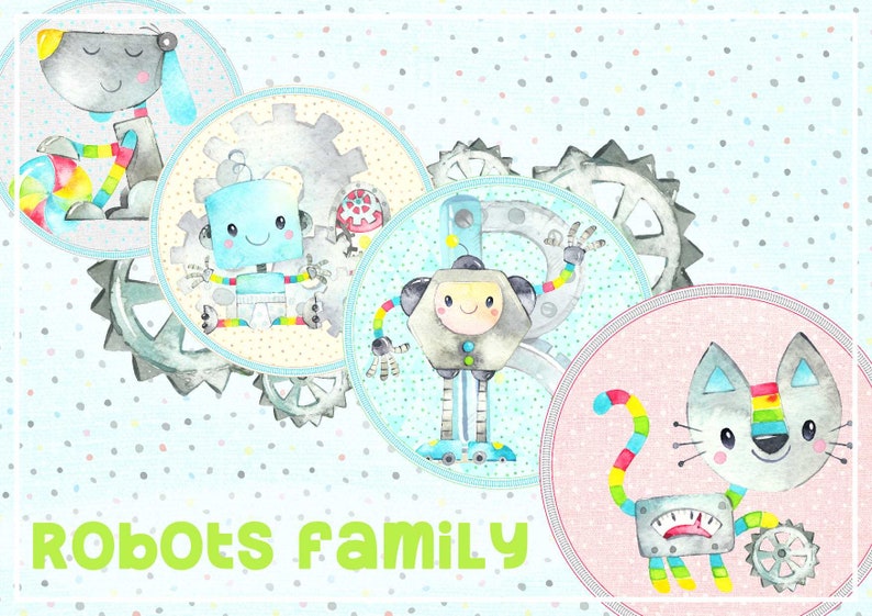 Robots Family Digital Collage Sheet Instant Download Set of - Etsy