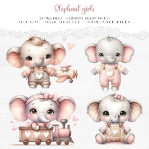 Baby Elephants Girls Clipart Set, Watercolor 23 PNG With Cute Pastel ...