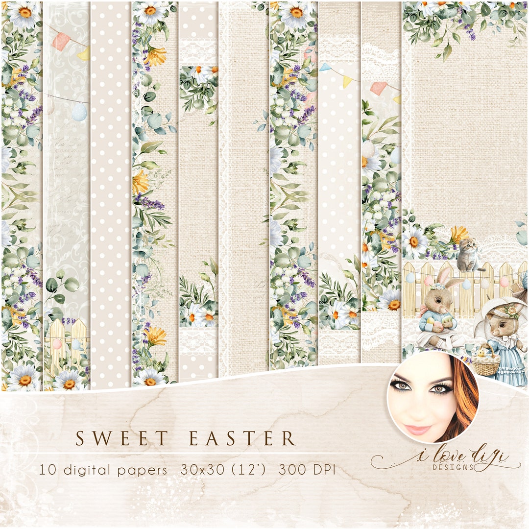 Easter Digital Papers, Flowery Scrapbook Set for Creative Works, Sweet Rabbits Watercolour ...