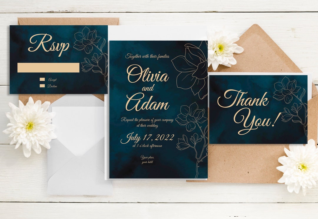 Dark Blue Wedding Invitation Set, Romantic Wedding Invitation, Elegant ...