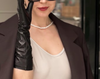 Women's Elegant and Classic Long Leather Gloves/ Super Soft Silk Lining-black and Red Fashion ...