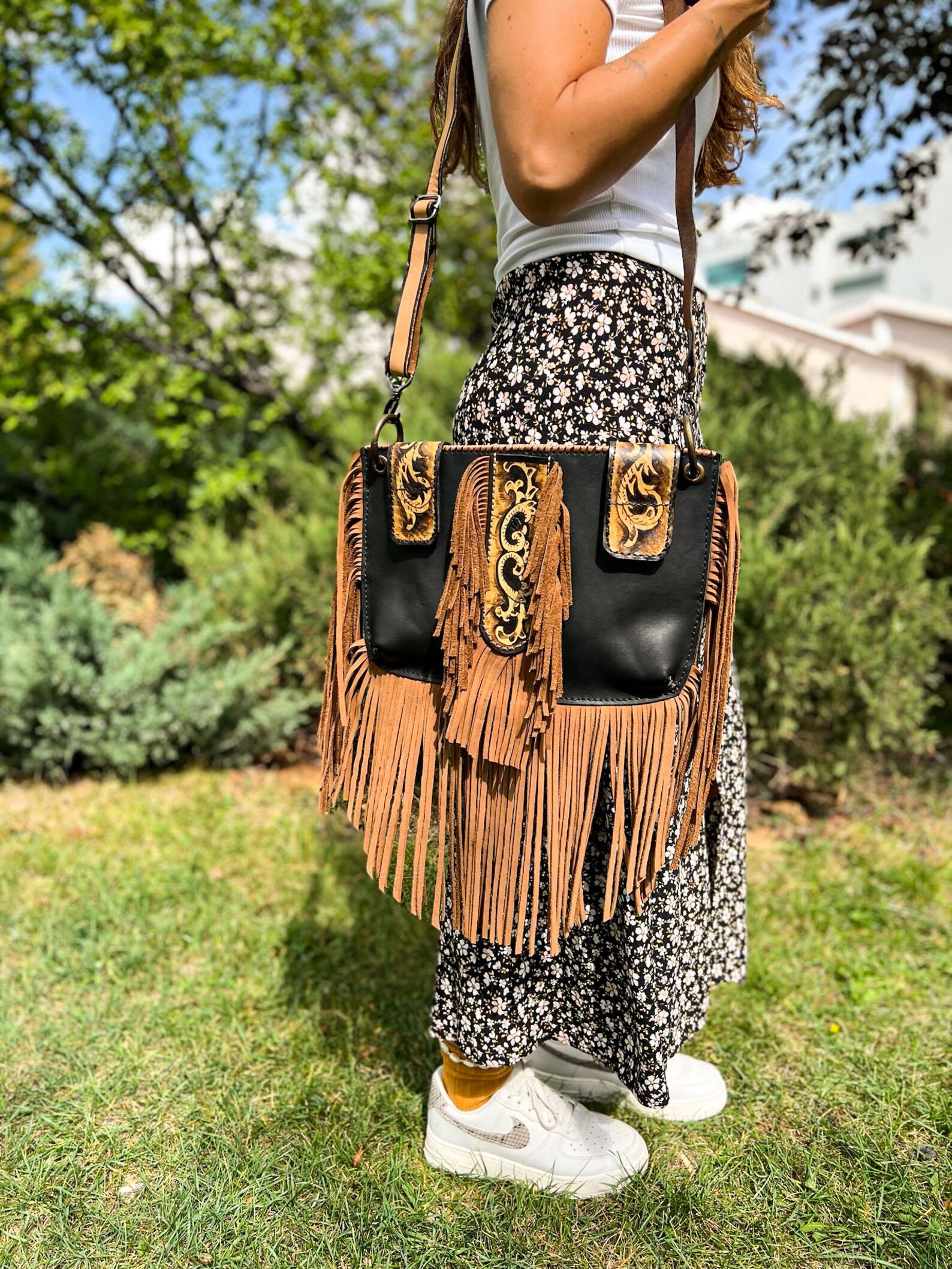 Leather Tassel Crossbody Bag, Western Bag, Braun Leather Festival Bag ...