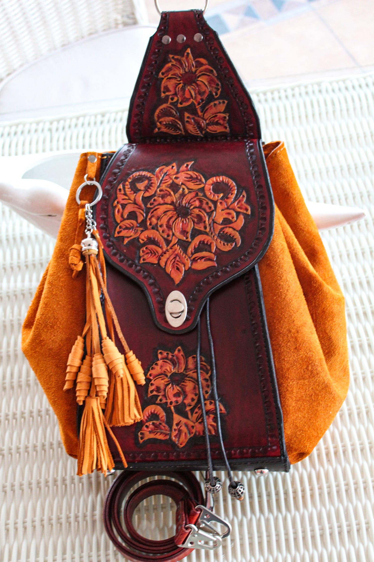 Orange Handmade Scratch Backpack, Leather Embossed Travel Handbag, PS ...