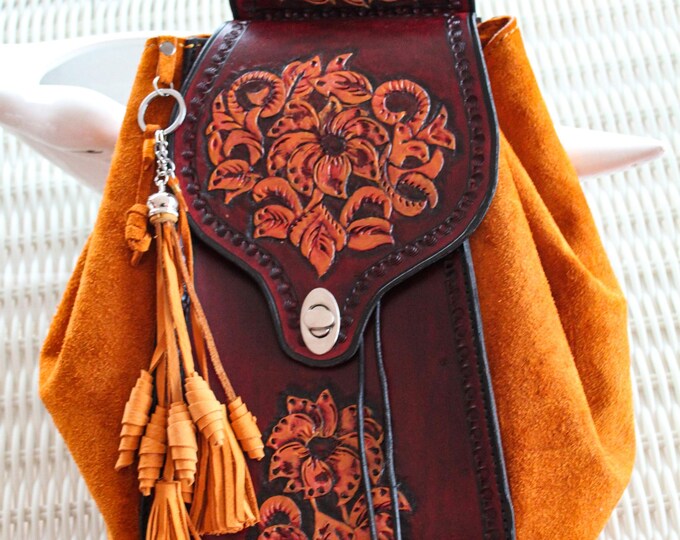 Orange Handmade Scratch Backpack, Leather Embossed Travel Handbag, PS ...