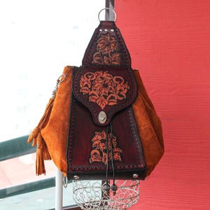 Orange Handmade Scratch Backpack, Leather Embossed Travel Handbag, PS ...