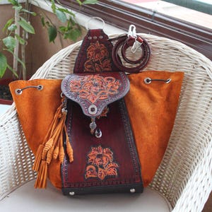 Orange Handmade Scratch Backpack, Leather Embossed Travel Handbag, PS ...