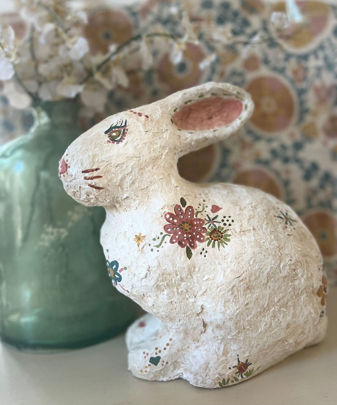 Large Paper Mache Rabbit, Boho Hand Painted Rabbit Sculpture, Up-cycled ...