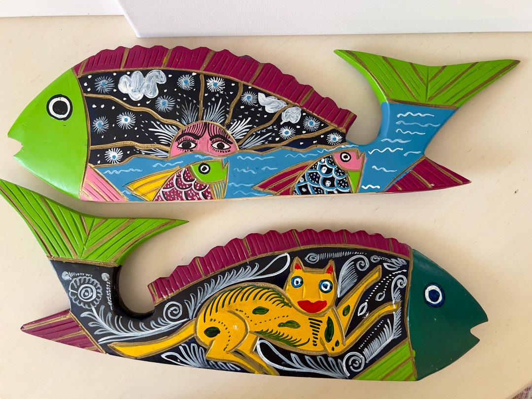 Mexican Wooden Fish, Set of Two, Colorful Mexican Folk Art Fish, 17 ...