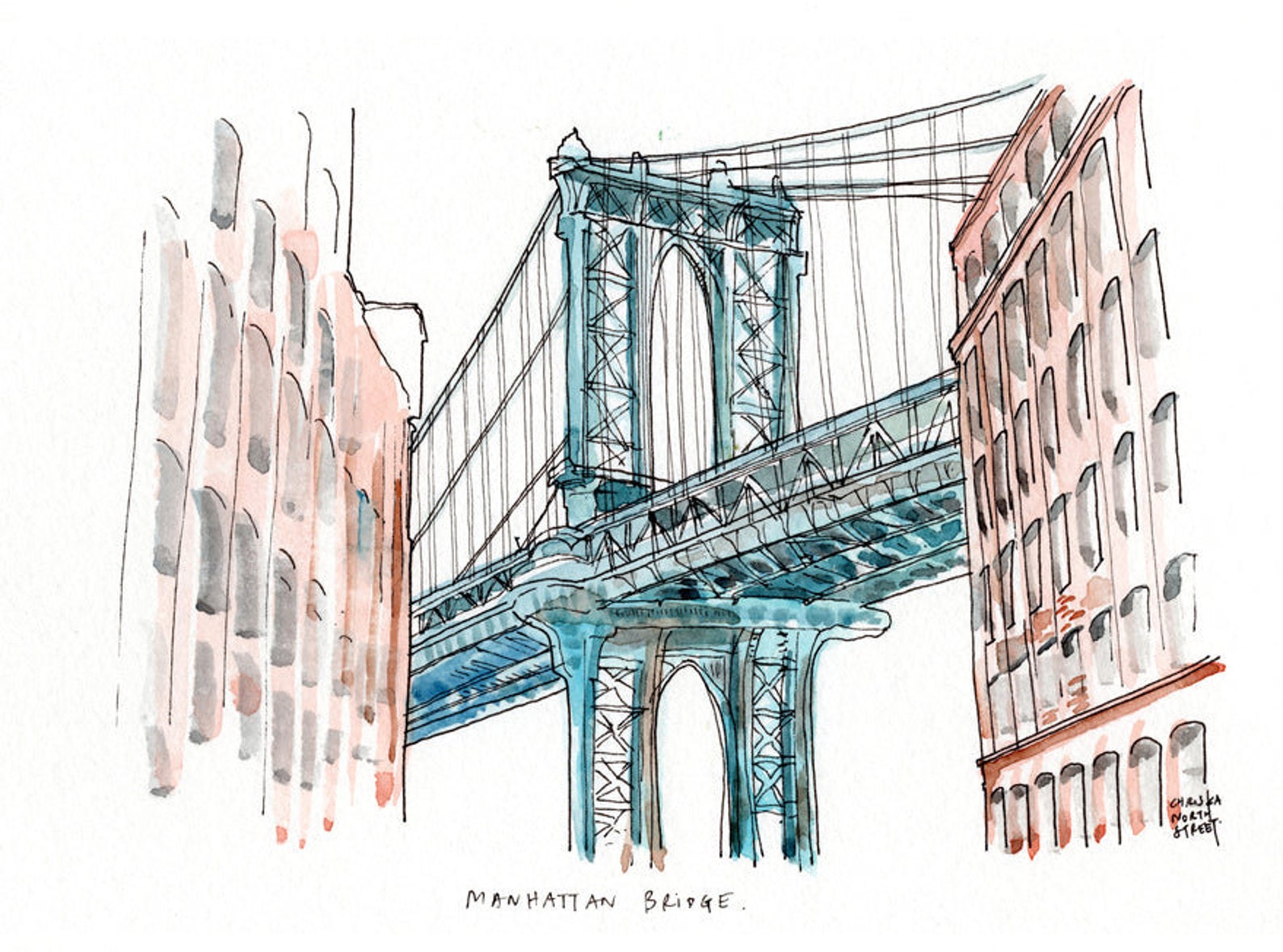 Manhattan Bridge New York City Hand Drawn in Watercolor - Original Art ...
