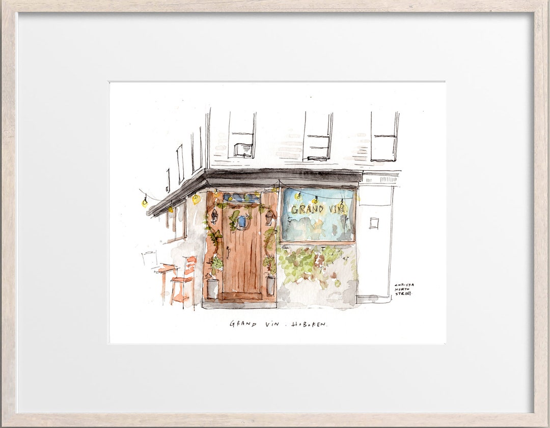 Grand Vin Kitchen & Wine Bar Hand Drawing in Watercolor - Original Art ...