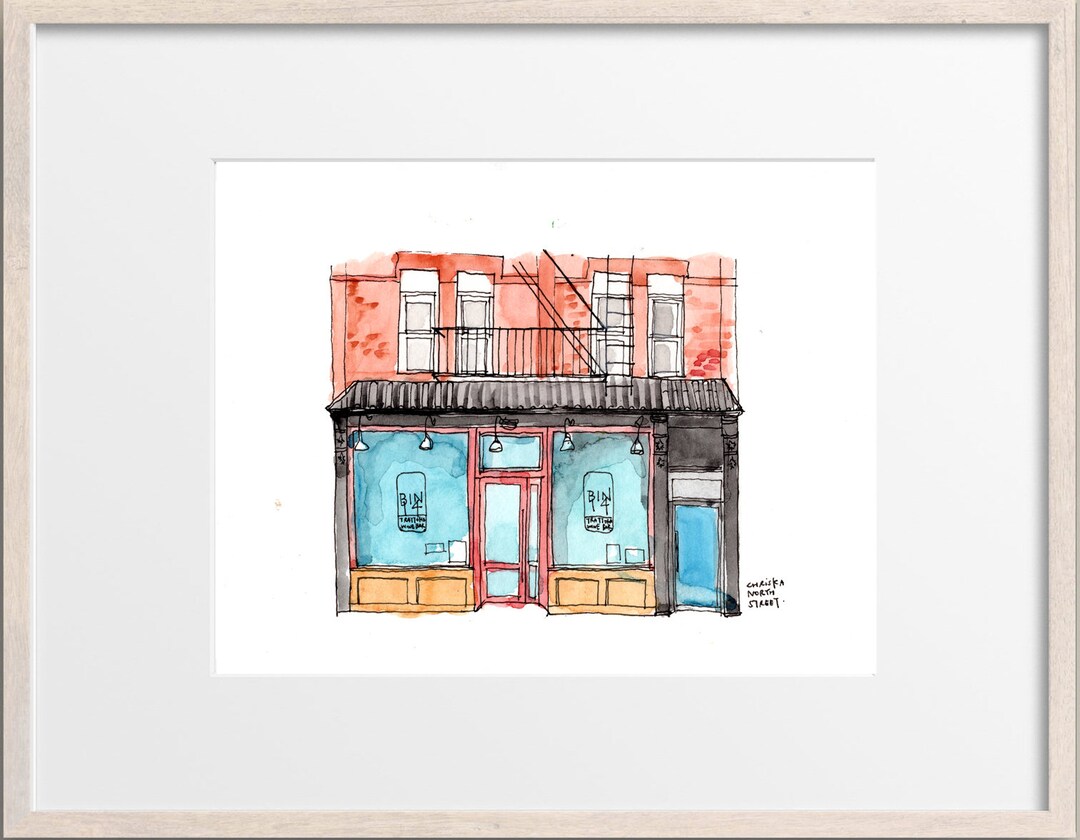 Bin 14, Hoboken, Hand Drawn in Watercolor - Hoboken Storefront / New Jersey / Restaurant ...