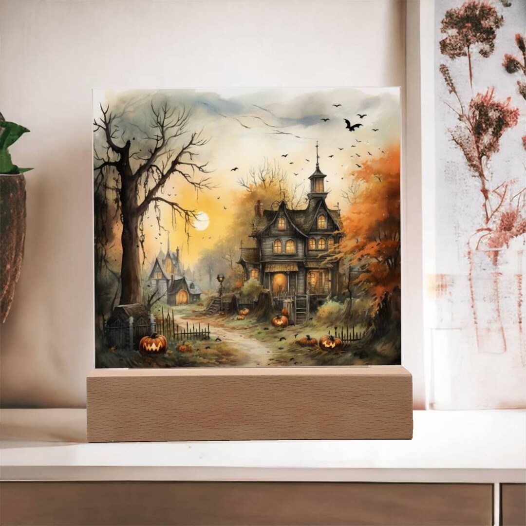Spectral Spire: Spooky Halloween Mansion Acrylic Square Plaque With LED ...