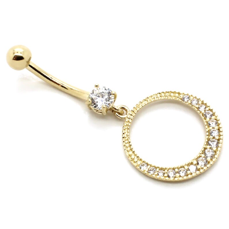14K Yellow Gold Solitaire Pave Open Loop Navel Belly Ring With - Etsy