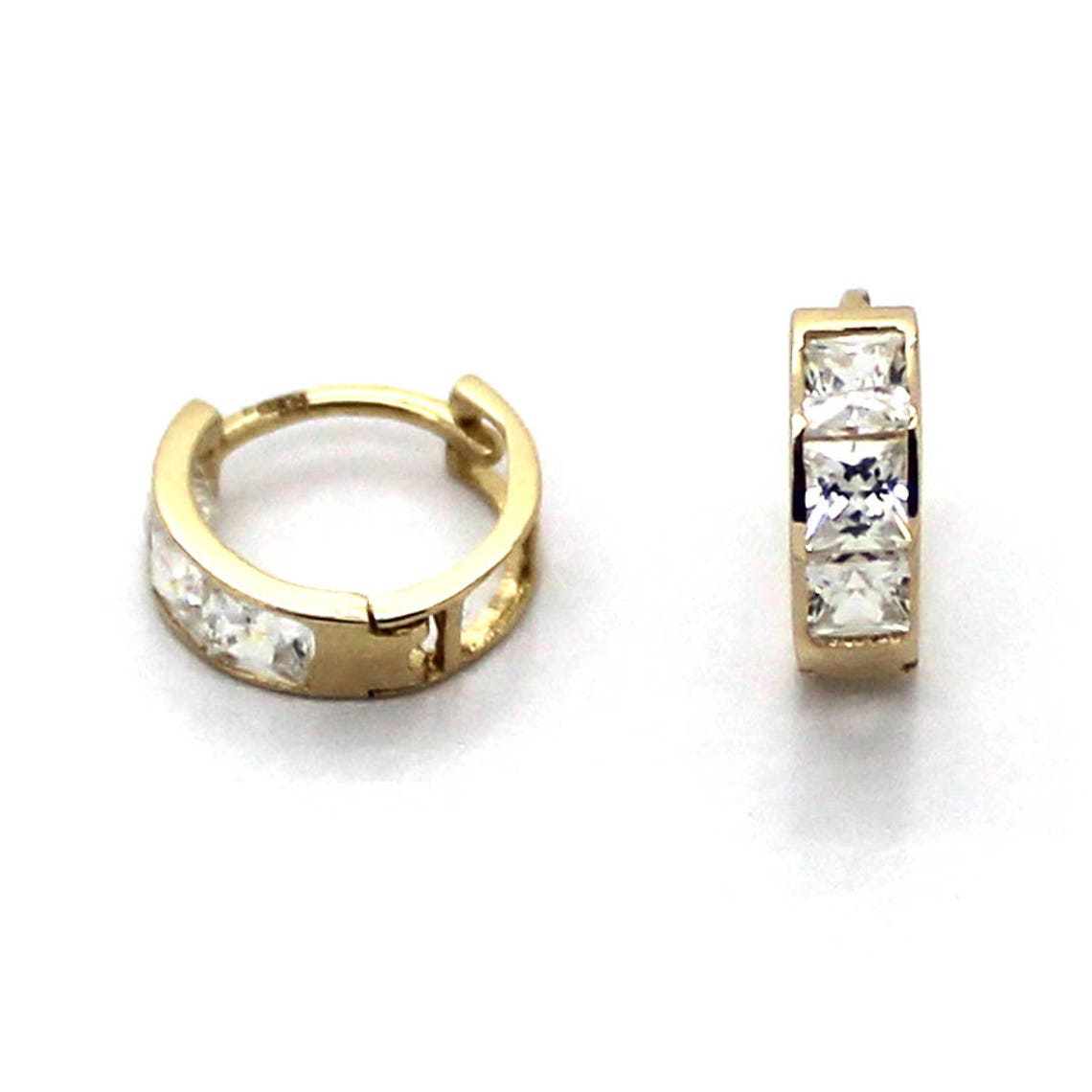 14K Yellow Gold Huggie Earrings 4mm Hoop With Princess CZ - Etsy