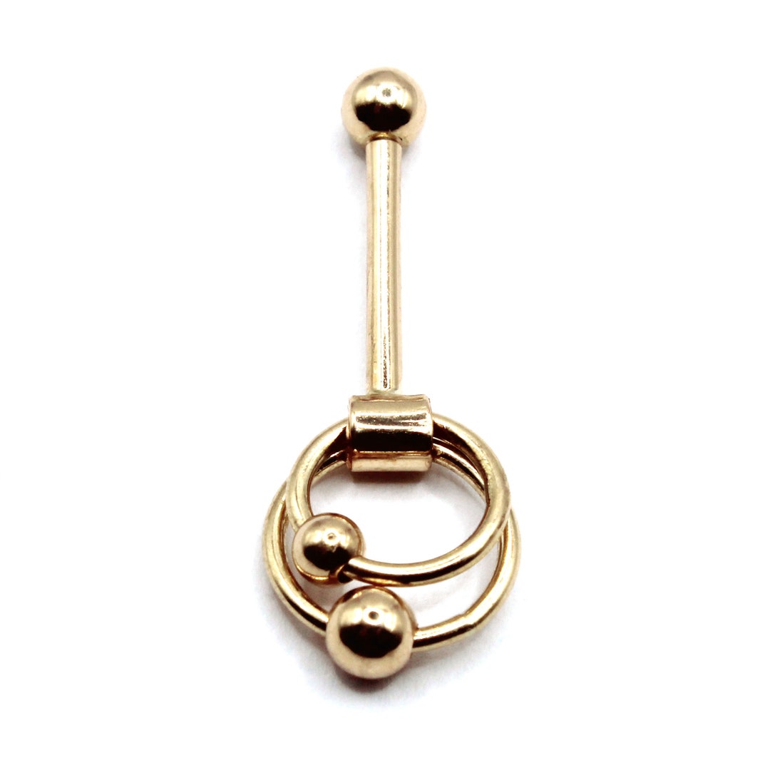 14K Yellow or White Gold Double Loop Belly Ring With a 18G X 1/4" 3mm ...