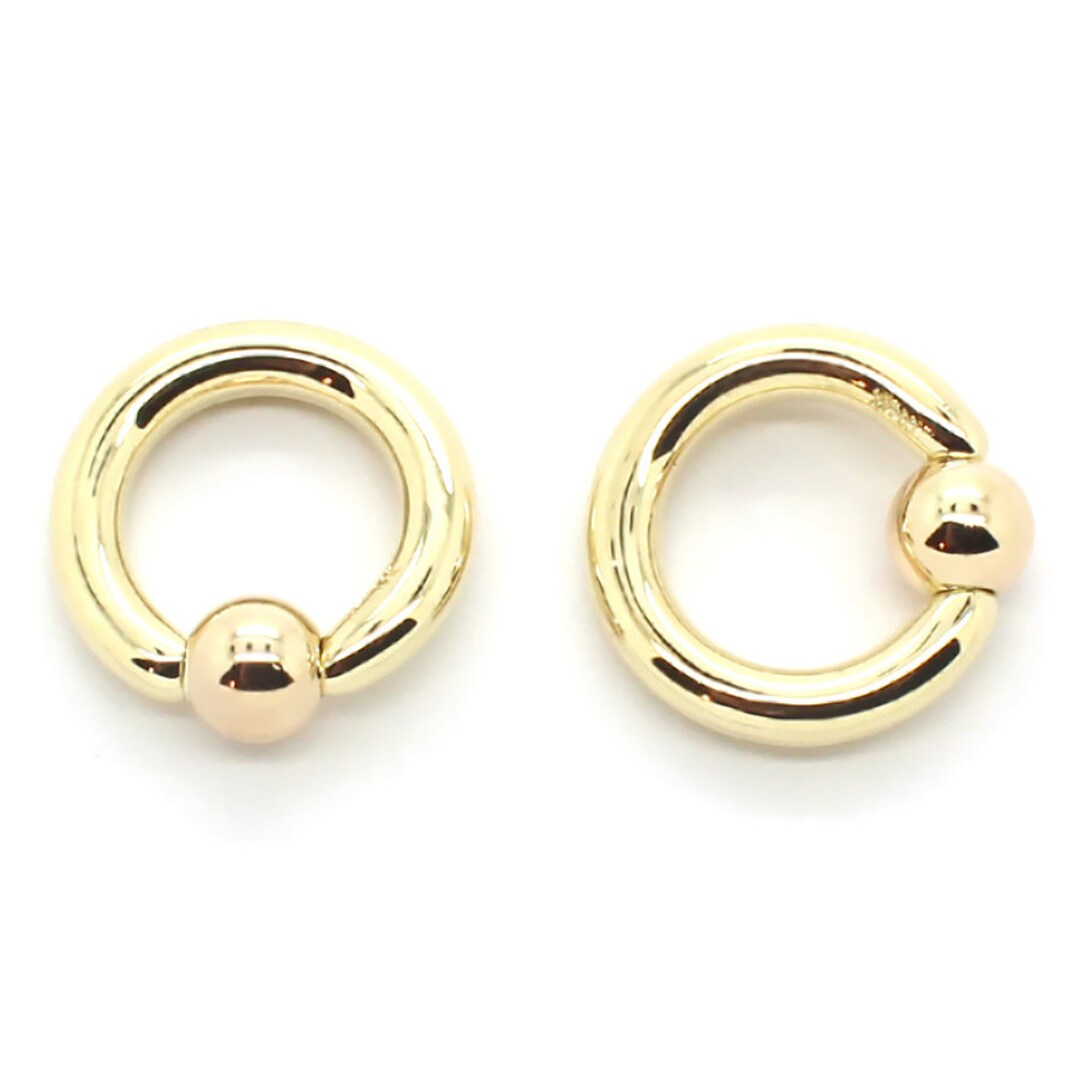 14K Set of 2 Solid Yellow Gold Captive Bead Ring 8 Gauge X 7/16" With ...