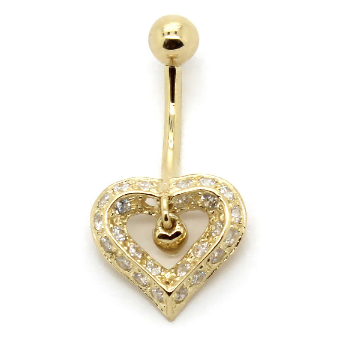 14K Yellow or White Gold Open Heart Filigree Belly Ring With Dangling ...