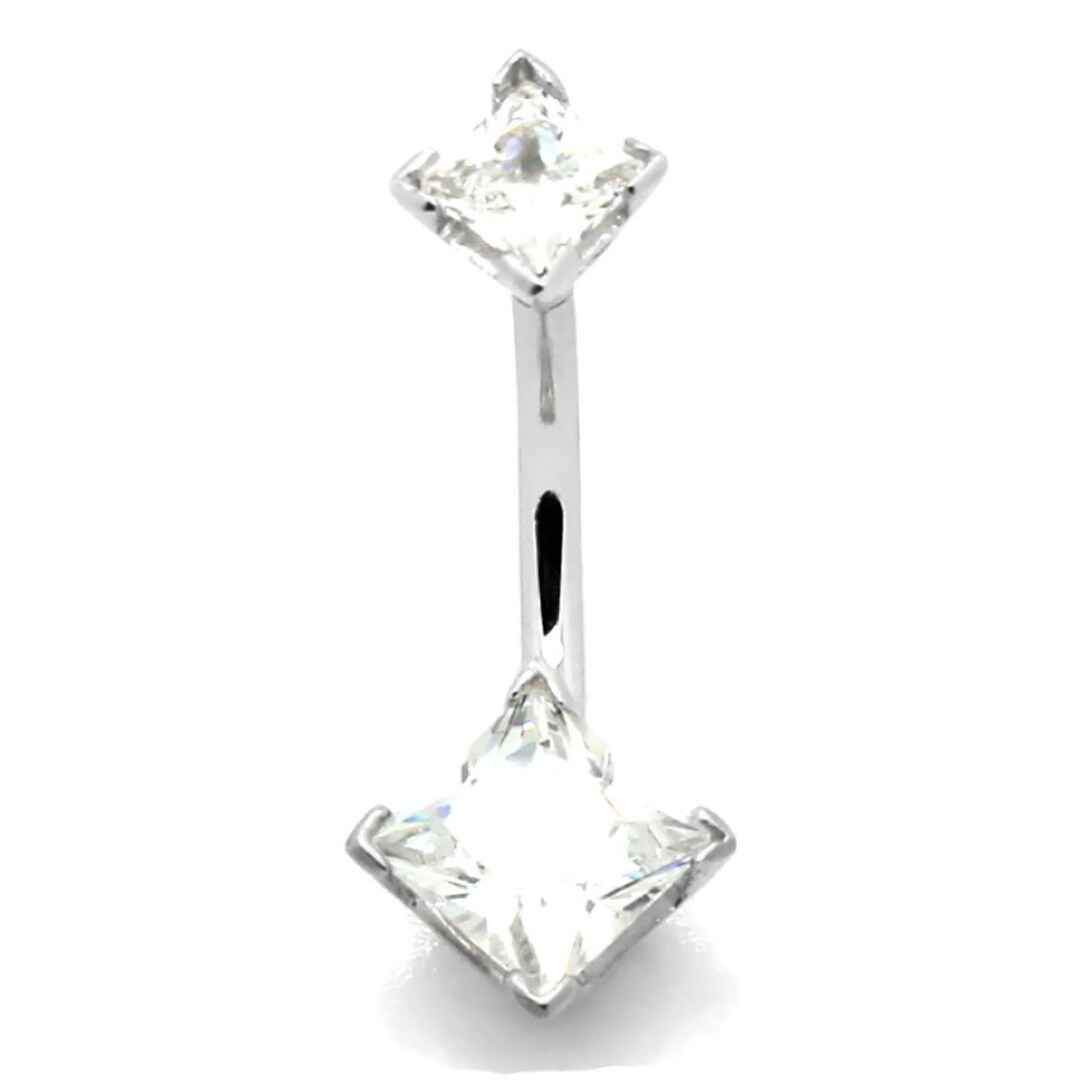 14K White Gold Double Belly Ring With 6mm and 4mm Princess CZ - Etsy