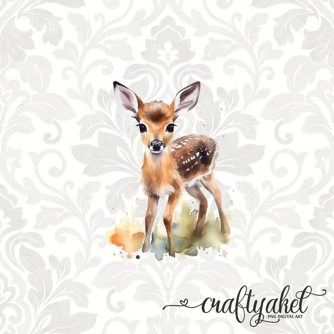 Cute Baby Deer Fawn Watercolor Digital Clip Art 12x12 PNG File With ...