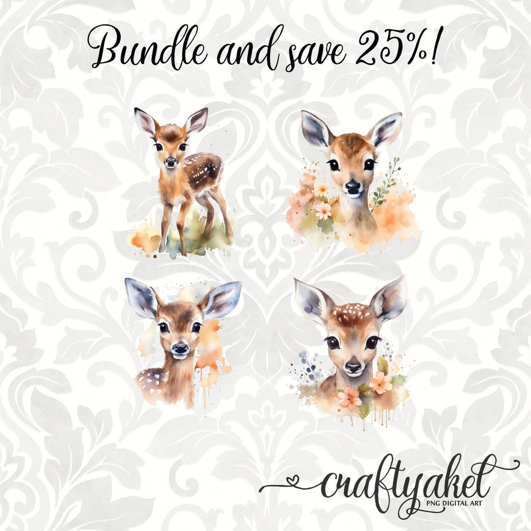 Bundle Cute Baby Deer Fawn Watercolor Digital Clip Art 12x12 PNG File ...