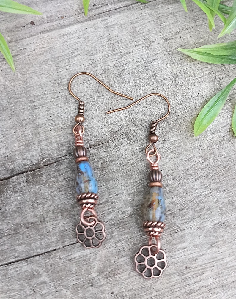 Blue Brown Picasso Teardrop With Copper Flower Charm Dangle Earrings ...