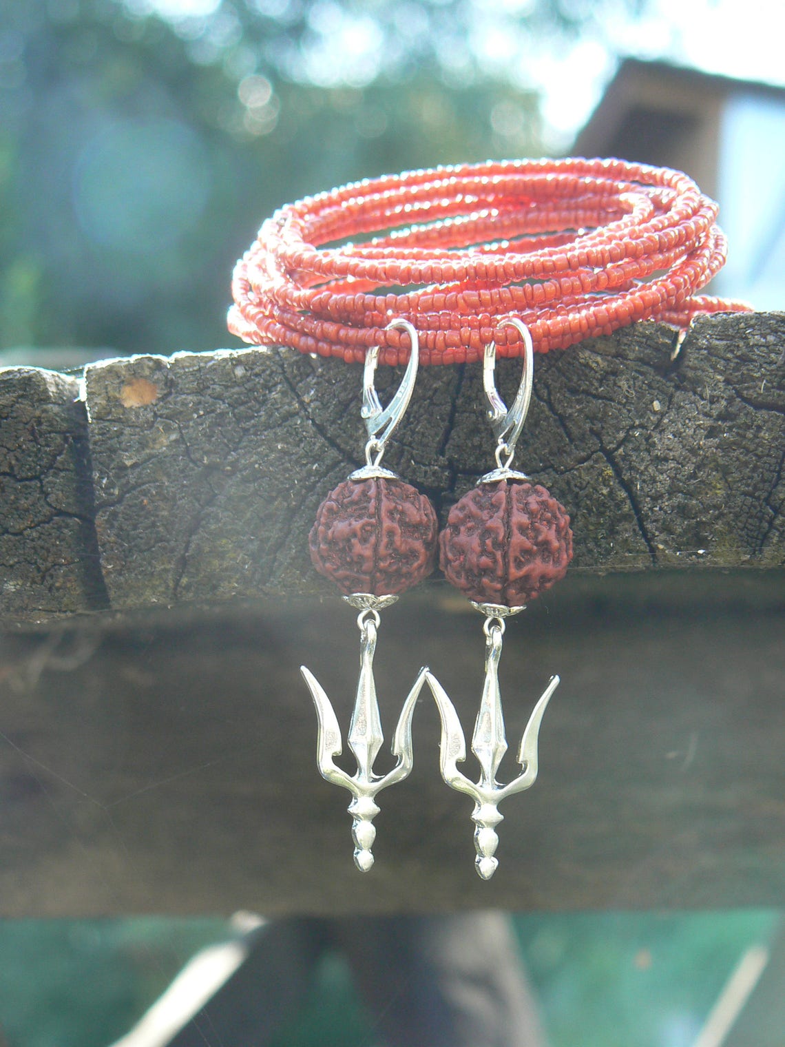 Shiva Trishul Rudraksha earrings Hindu symbol Kundalini | Etsy