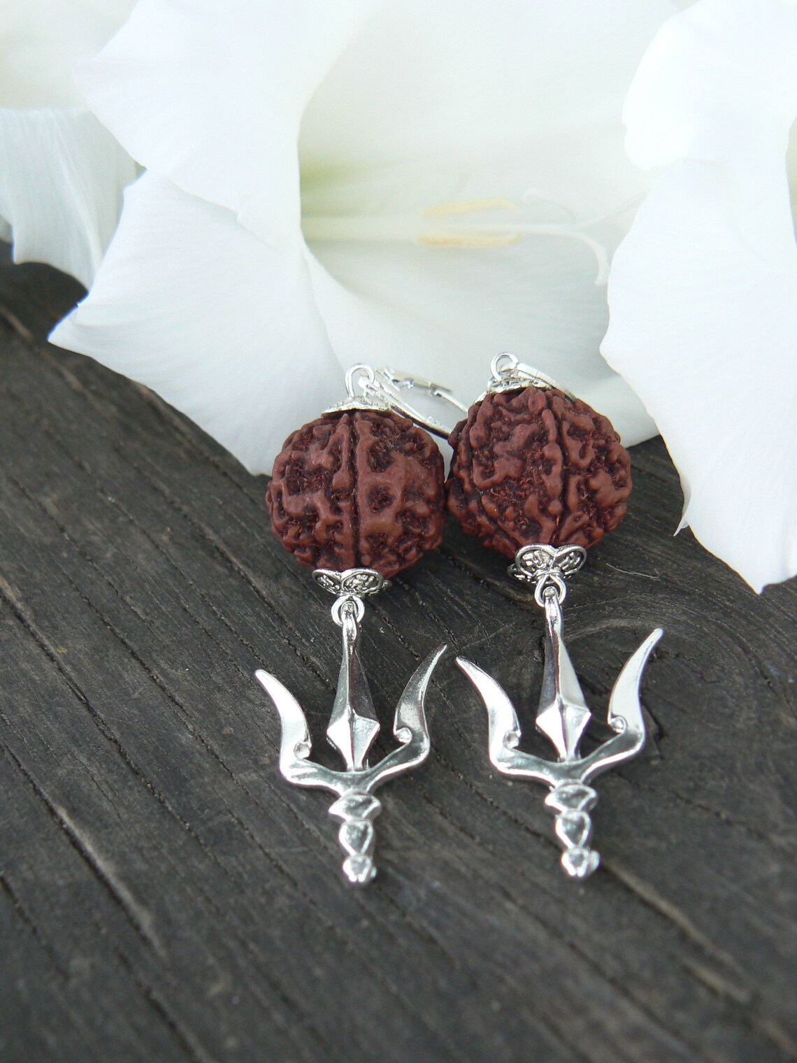 Shiva Trishul Rudraksha earrings Hindu symbol Kundalini | Etsy