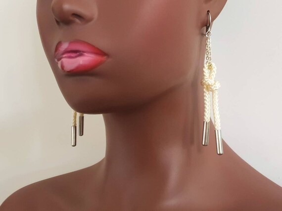 Unique Silver Chain Hoop Earring With Knotted White Cord Affordable Drop Earrings for Her girls women Cute Top Earrings Gift Etsy