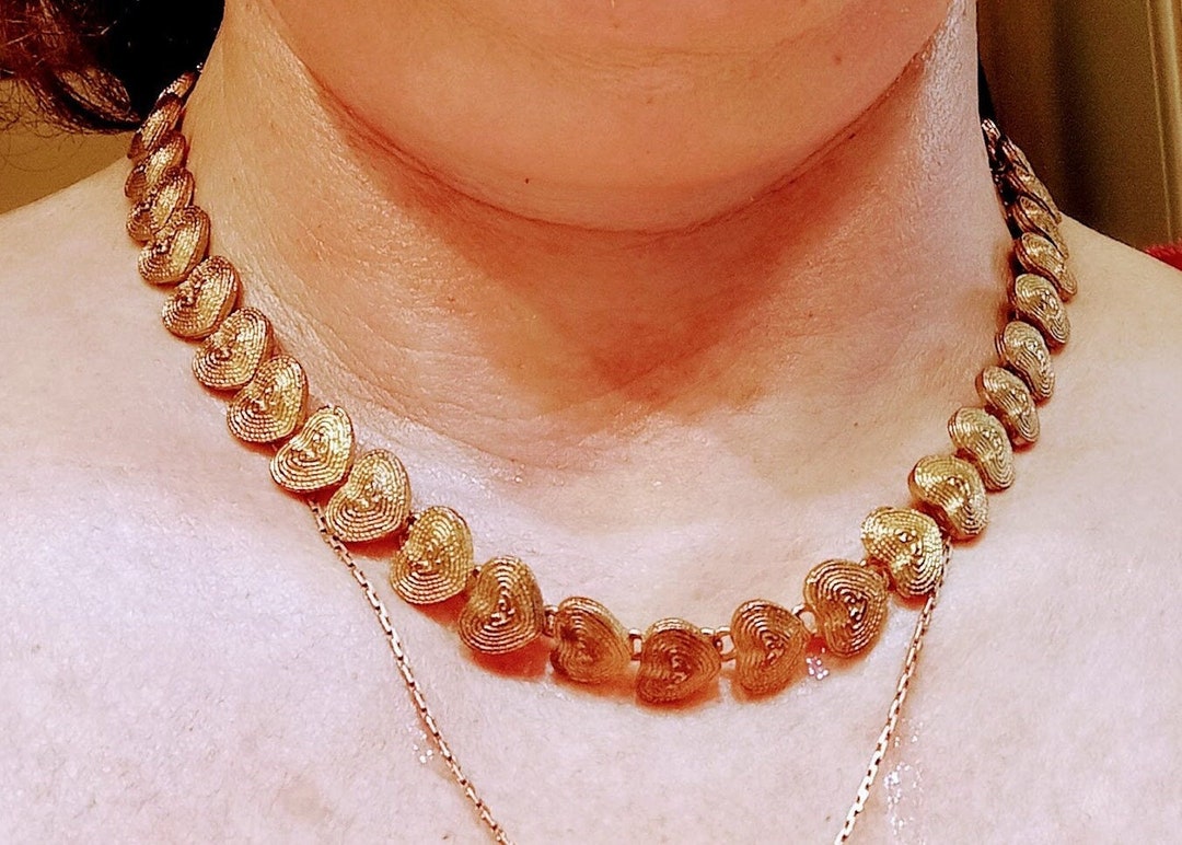 Vintage 80s Necklace, Chain Necklace in Bronzed Gold Metal Hearts, YR ...