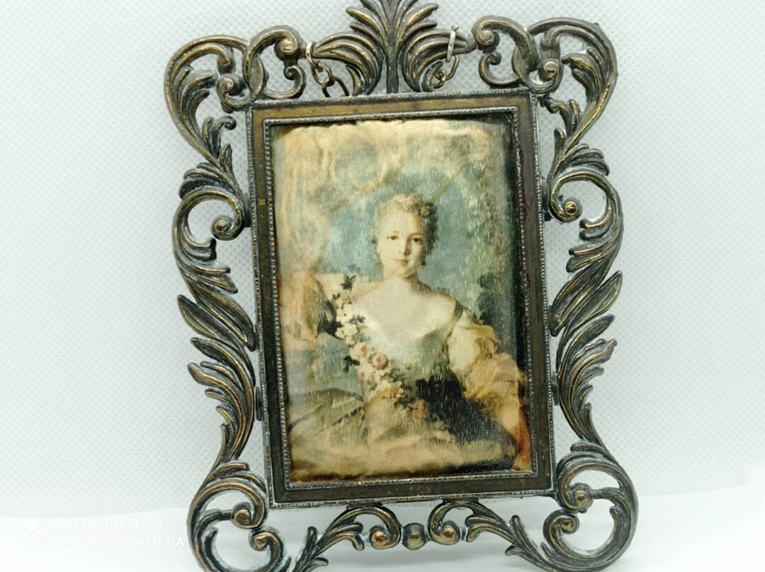 Antique Bronze Frame Italy 50s Frame Painting on Silk Portrait Girl ...