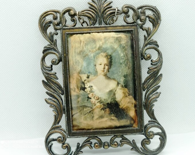 Antique Bronze Frame Italy 50s Frame Painting on Silk Portrait Girl ...