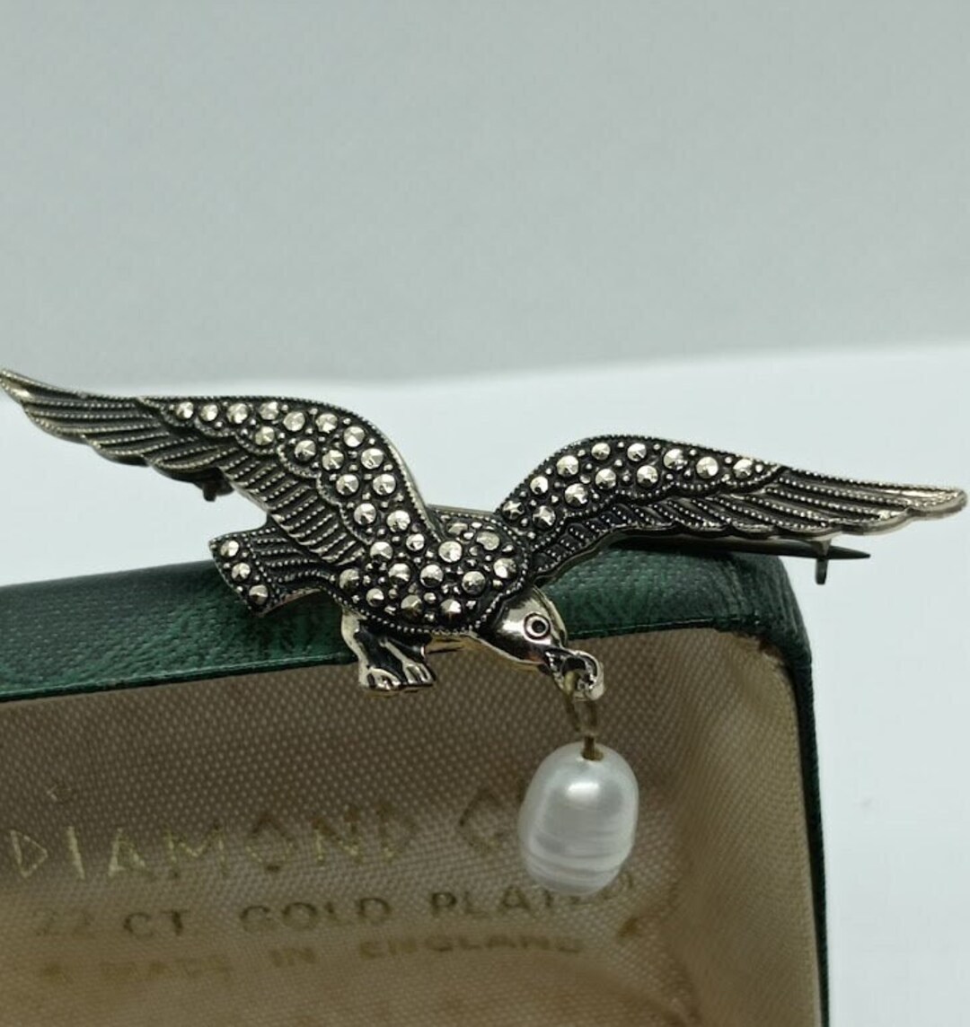 Old 50s Brooch Eagle Brooch in Silver Marcasite With a Natural Pearl ...