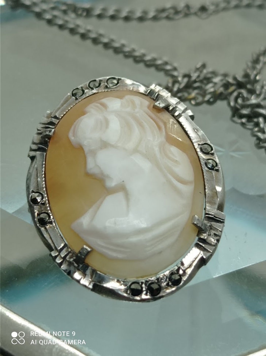 800 Silver Cameo Pendant Brooch on the Shell, 30s Cameo Pendant in ...