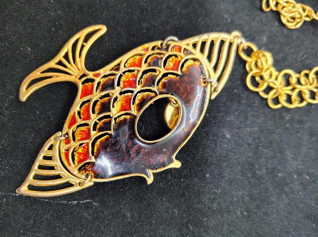 Enameled Fish Necklace, Gold Chain Necklace With XXL Fish Pendant ...