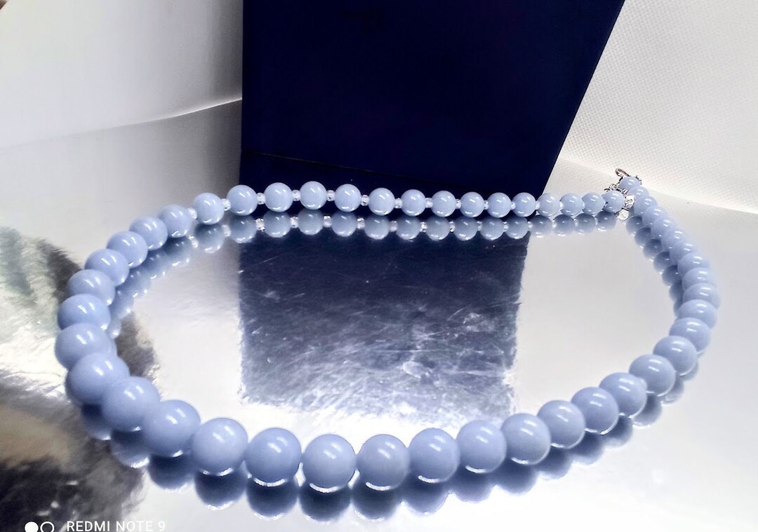 Angelite Necklace in 8 Mm Round Beads and Faceted Crystal Beads Natural ...