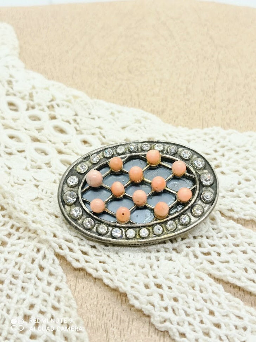 Old Brooch 50s Silver Oval Brooch Decorated With Coral-colored and ...