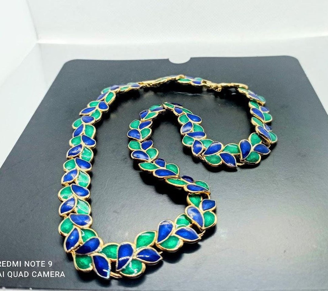 Vintage 70s Chain Necklace Leaf Link Necklace Green Cloisonné Enamel ...