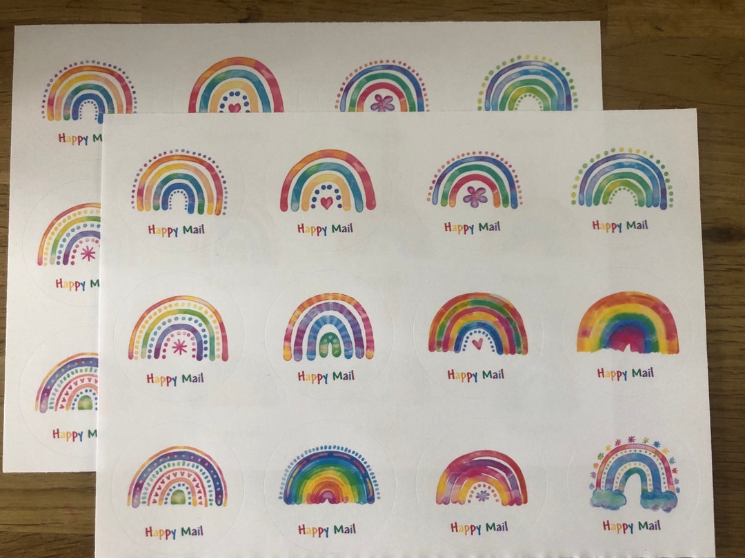 Rainbow Happy Mail Stickers: 24 Round Doodle Stickers - Etsy