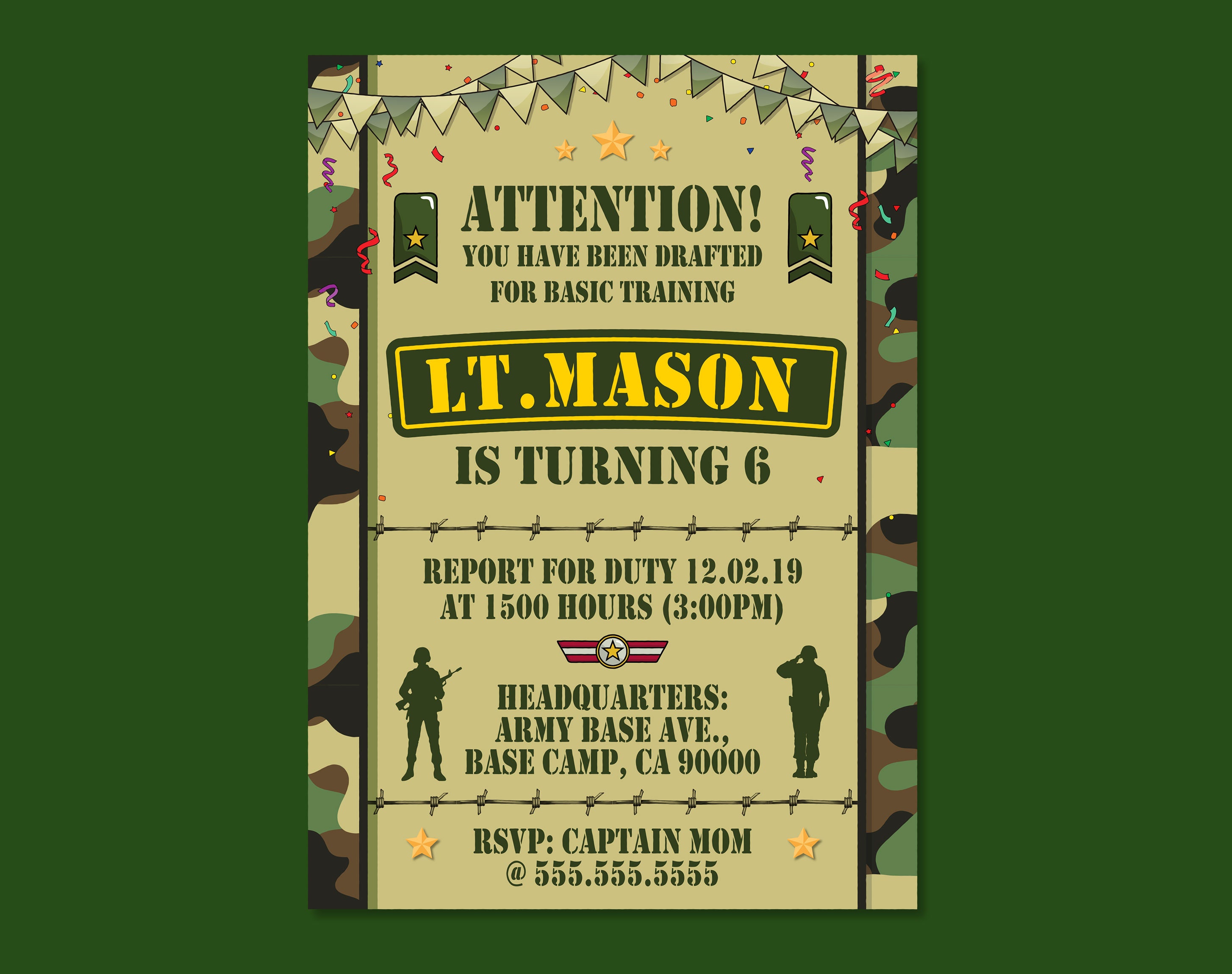 Army Invitation, Army Birthday Invitation, Camo Invitation, Soldier ...