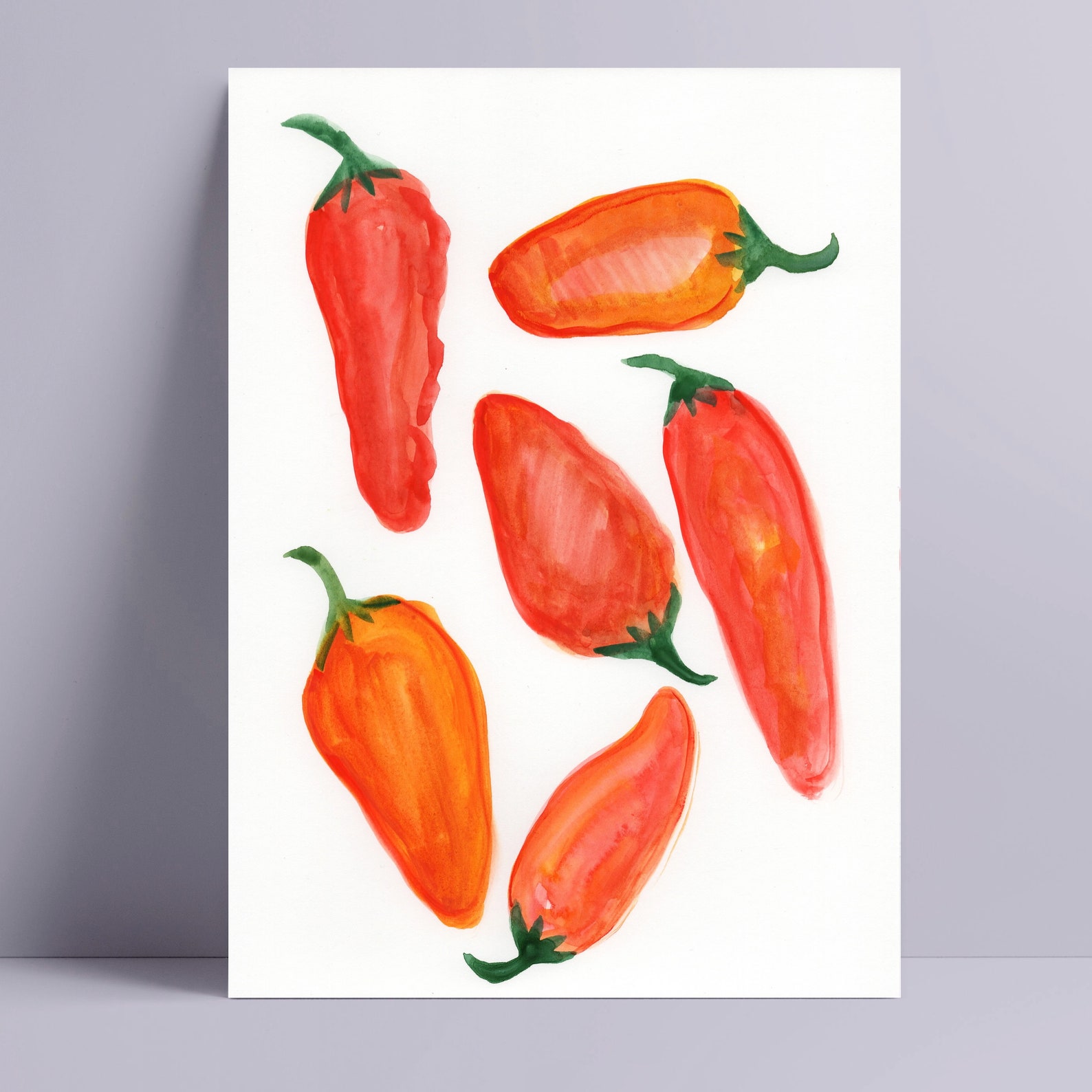 Peppers Painting Orange Red Wall Art Food Artwork Original Watercolor ...
