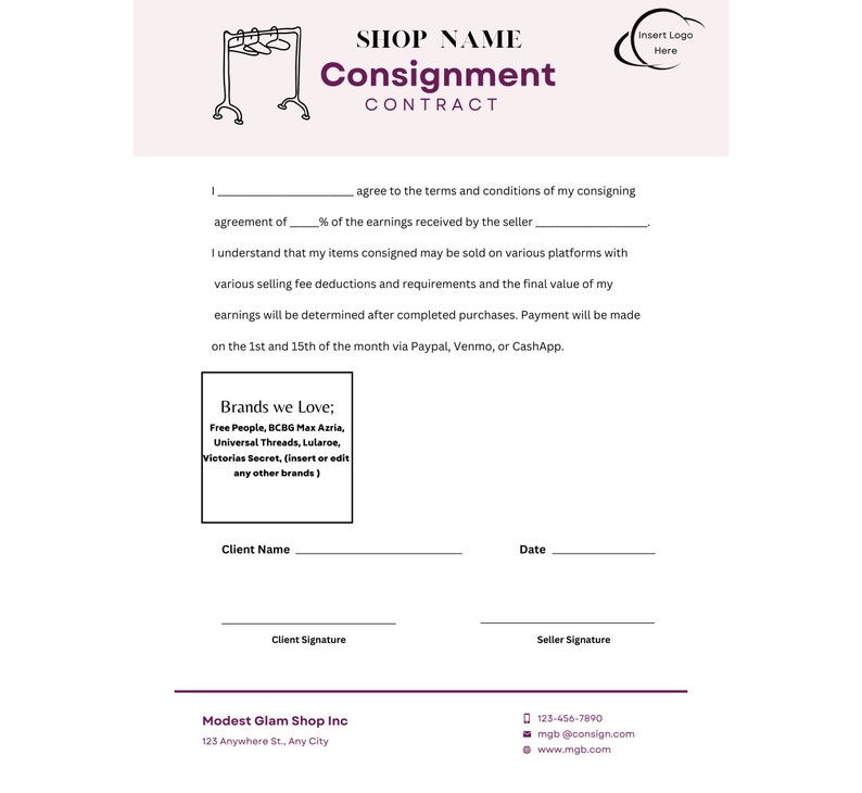 Editable CANVA Consignment Contract Printable Simple Wording - Etsy
