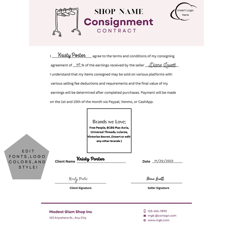Editable CANVA Consignment Contract Printable Simple Wording - Etsy