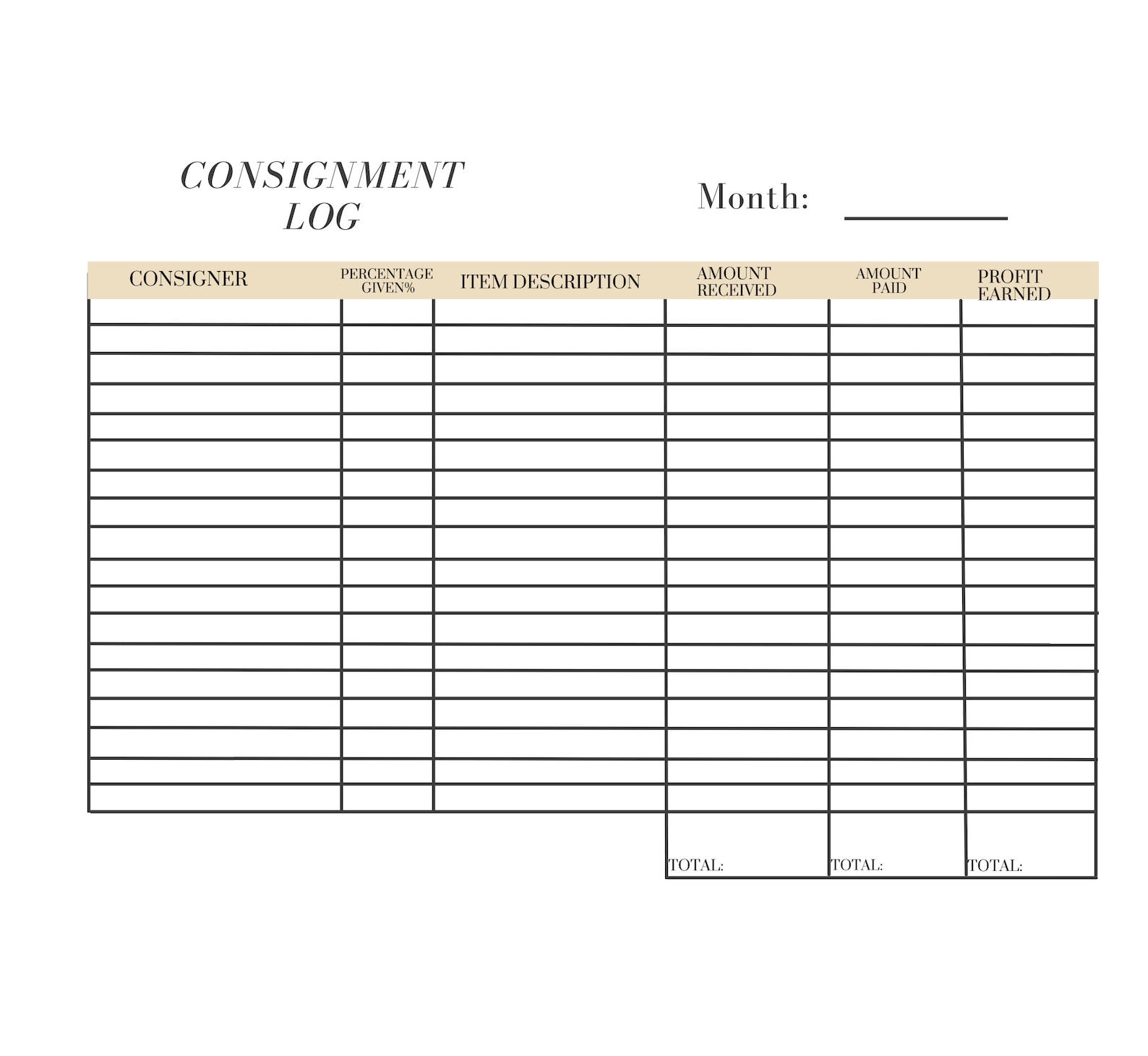 Instant Download Consignment Log Printable Various Colors - Etsy