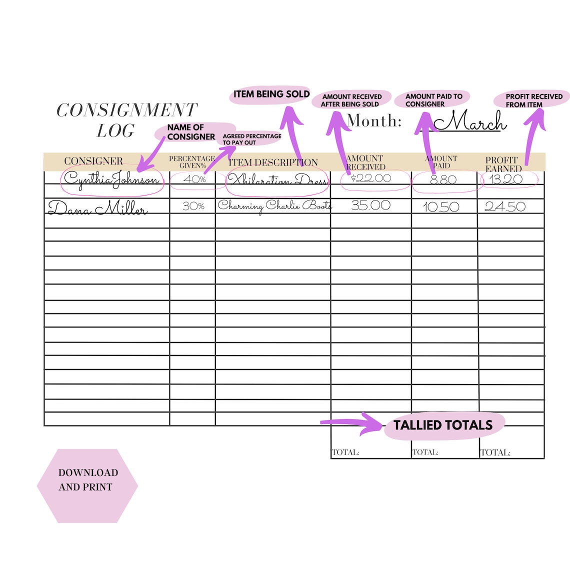 Instant Download Consignment Log Printable Various Colors - Etsy