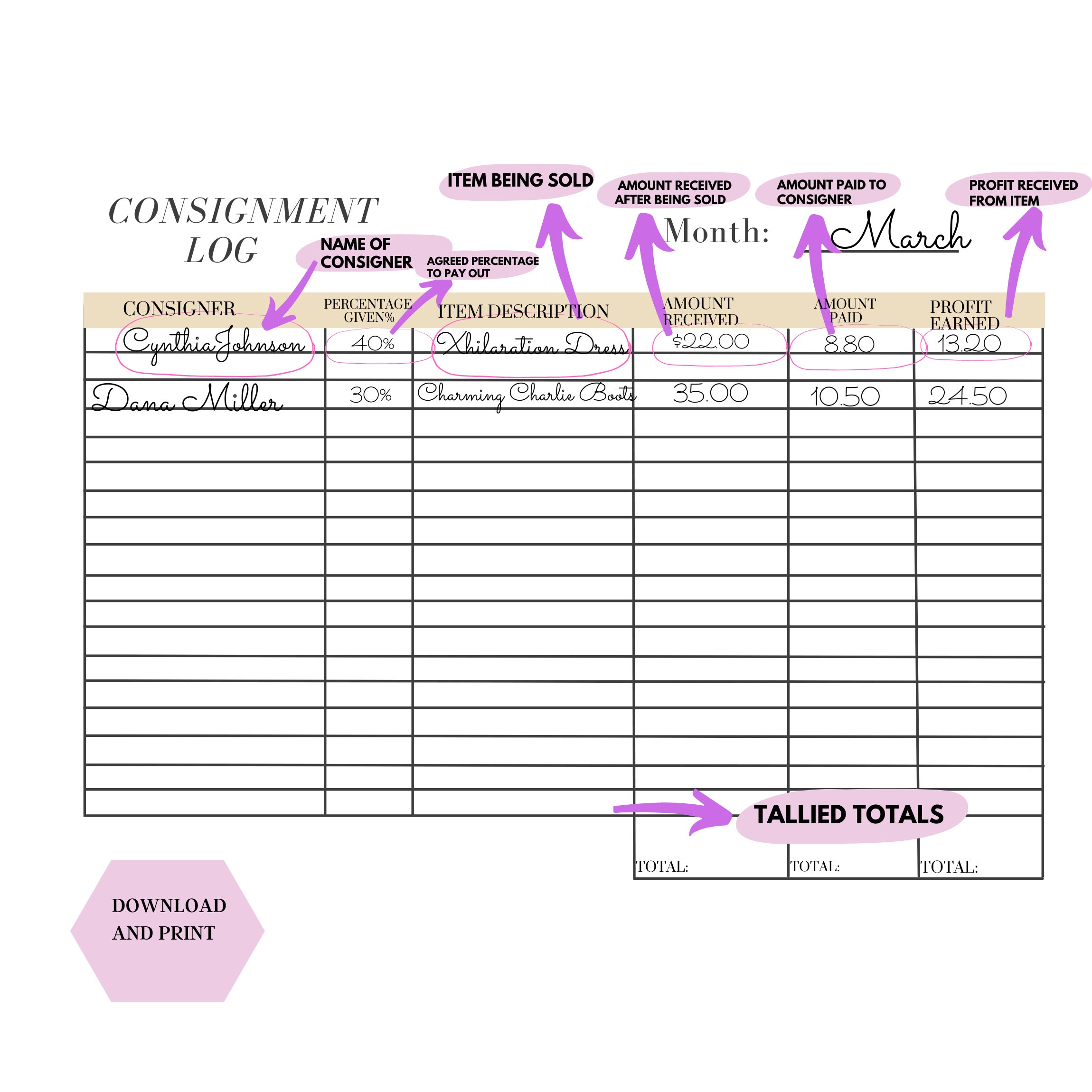 Instant Download Consignment Log Printable Various Colors - Etsy