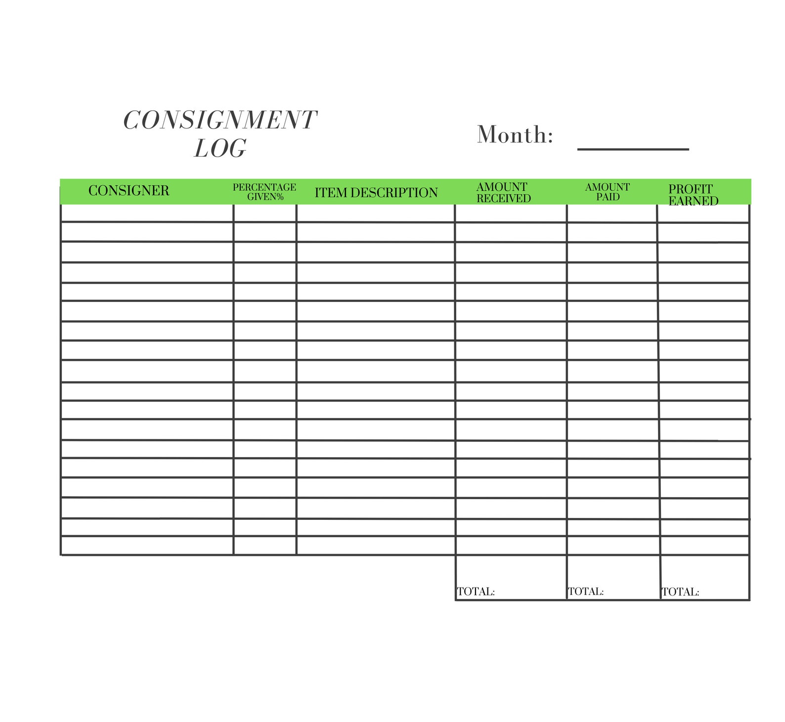 Instant Download Consignment Log Printable Various Colors - Etsy